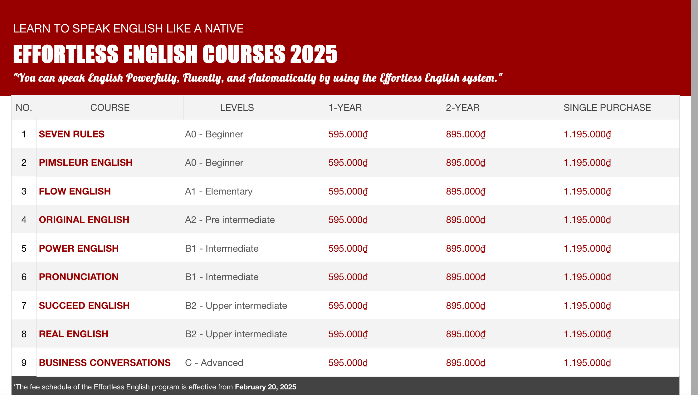 Bảng phí chính thức chương trình tiếng Anh Effortless English 2025